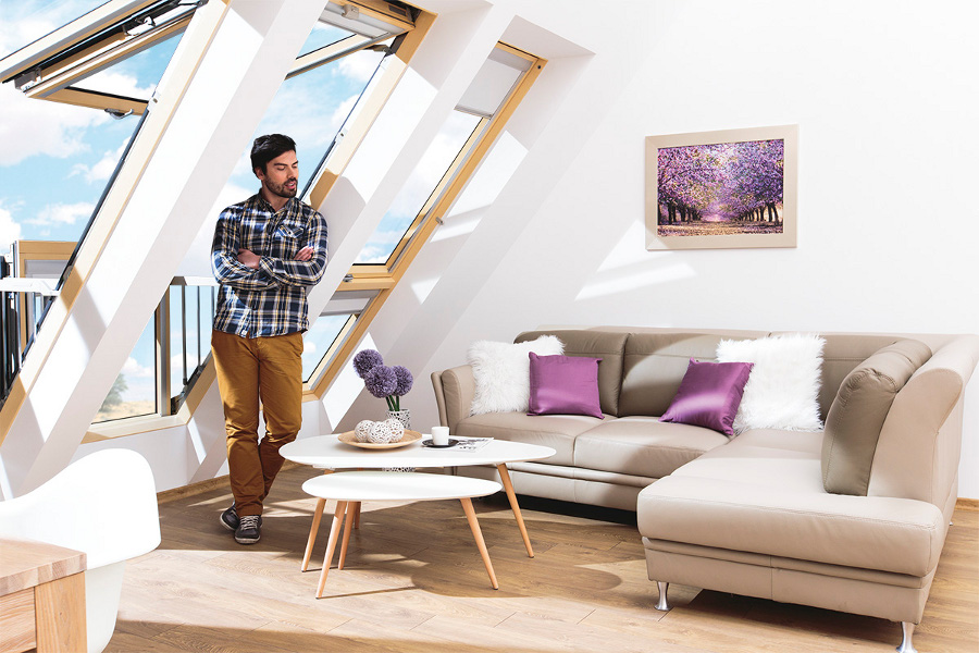 Innovative, large roof window in which the open sashes create a balcony ...