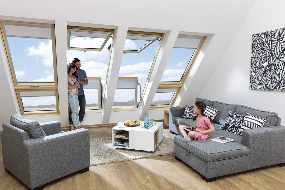 Innovative, large roof window in which the open sashes create a balcony ...