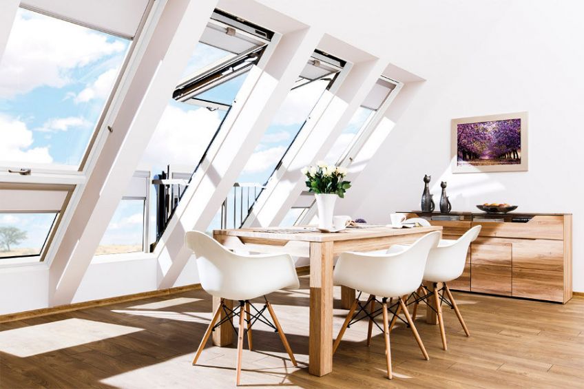 Innovative, large roof window in which the open sashes create a balcony ...